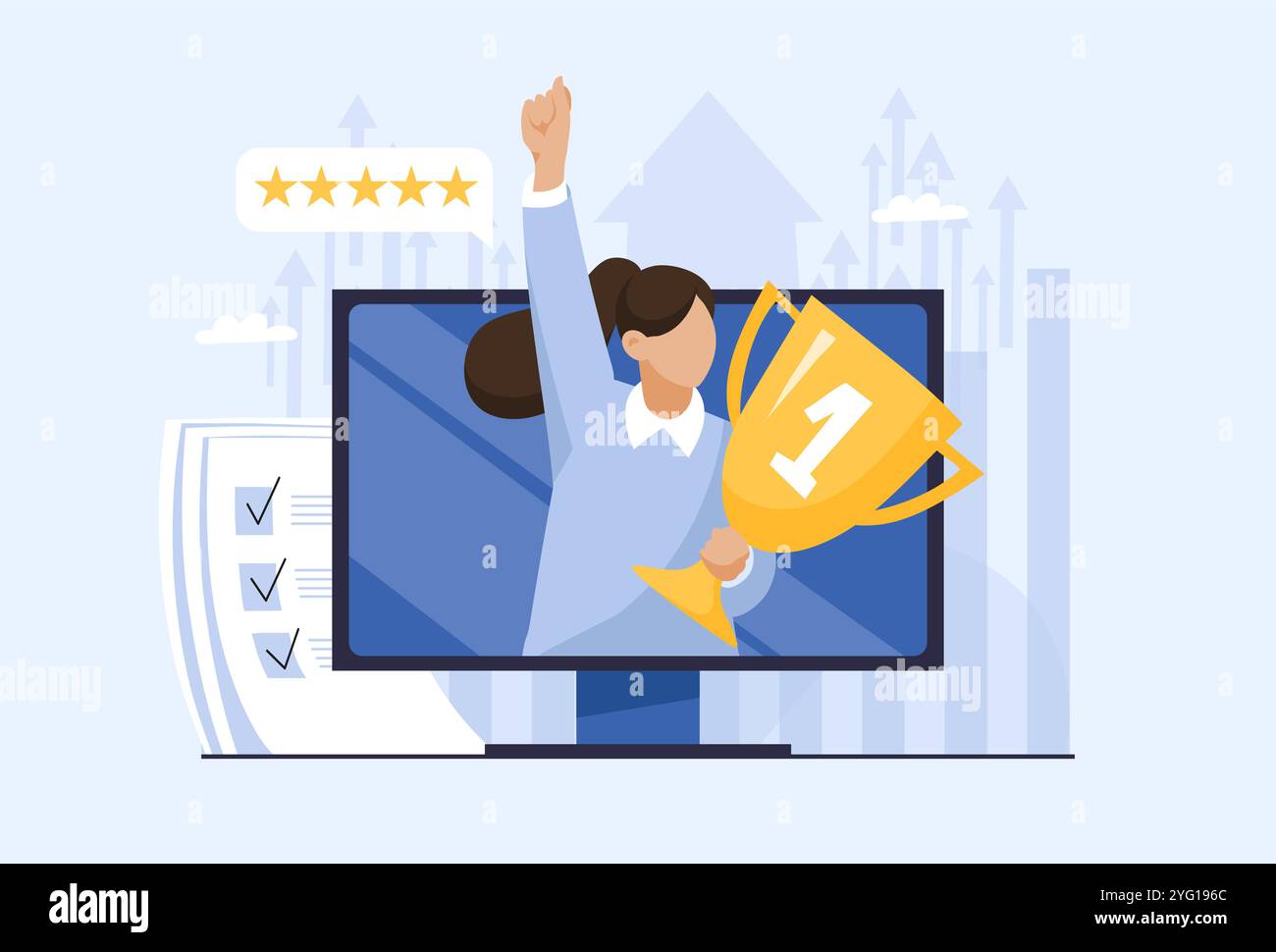 Businesswoman with winning cup on monitor screen, success and victory ...