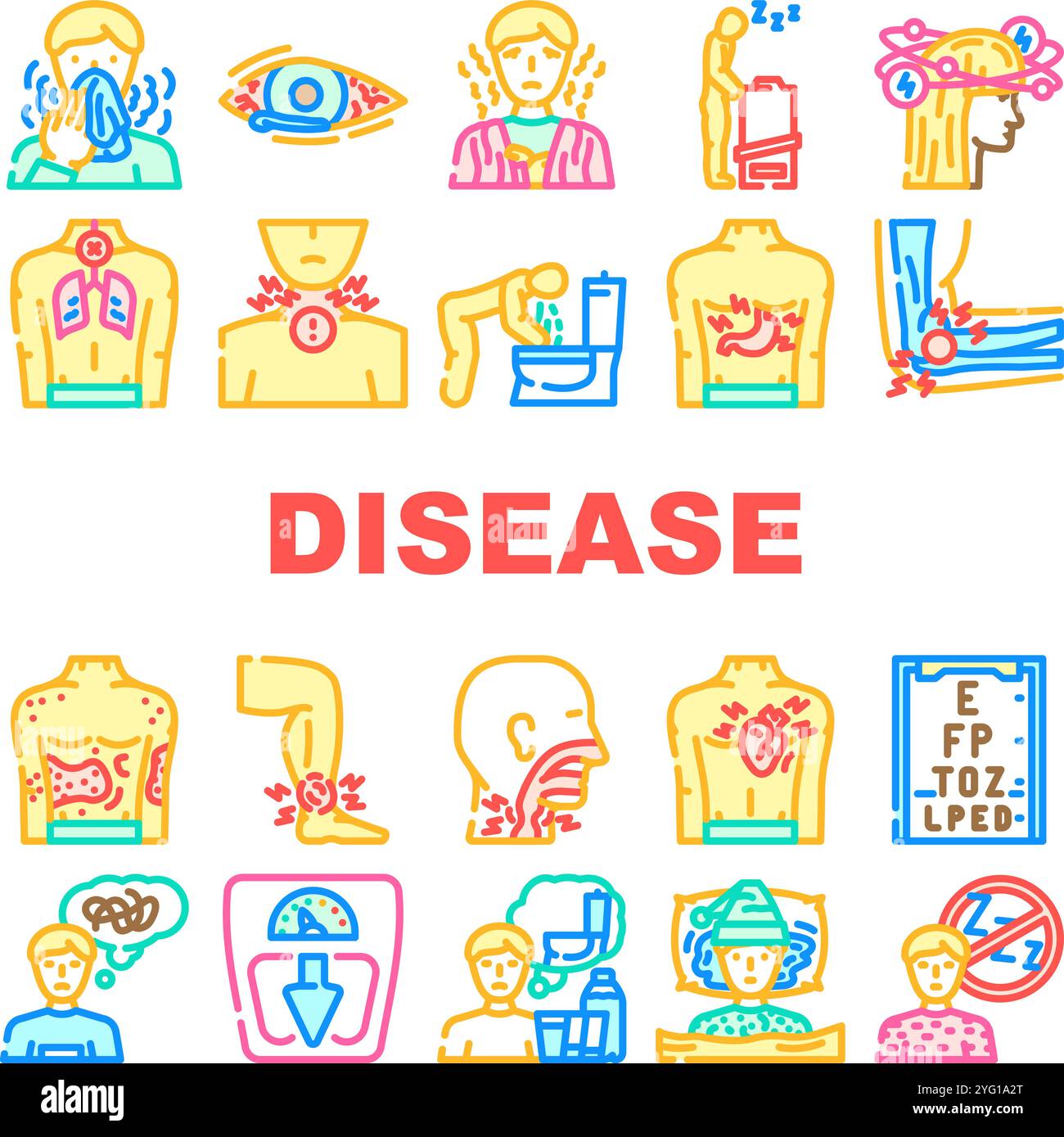 Disease symptom fever cough icons set vector fatigue headache hi-res stock photography and ...
