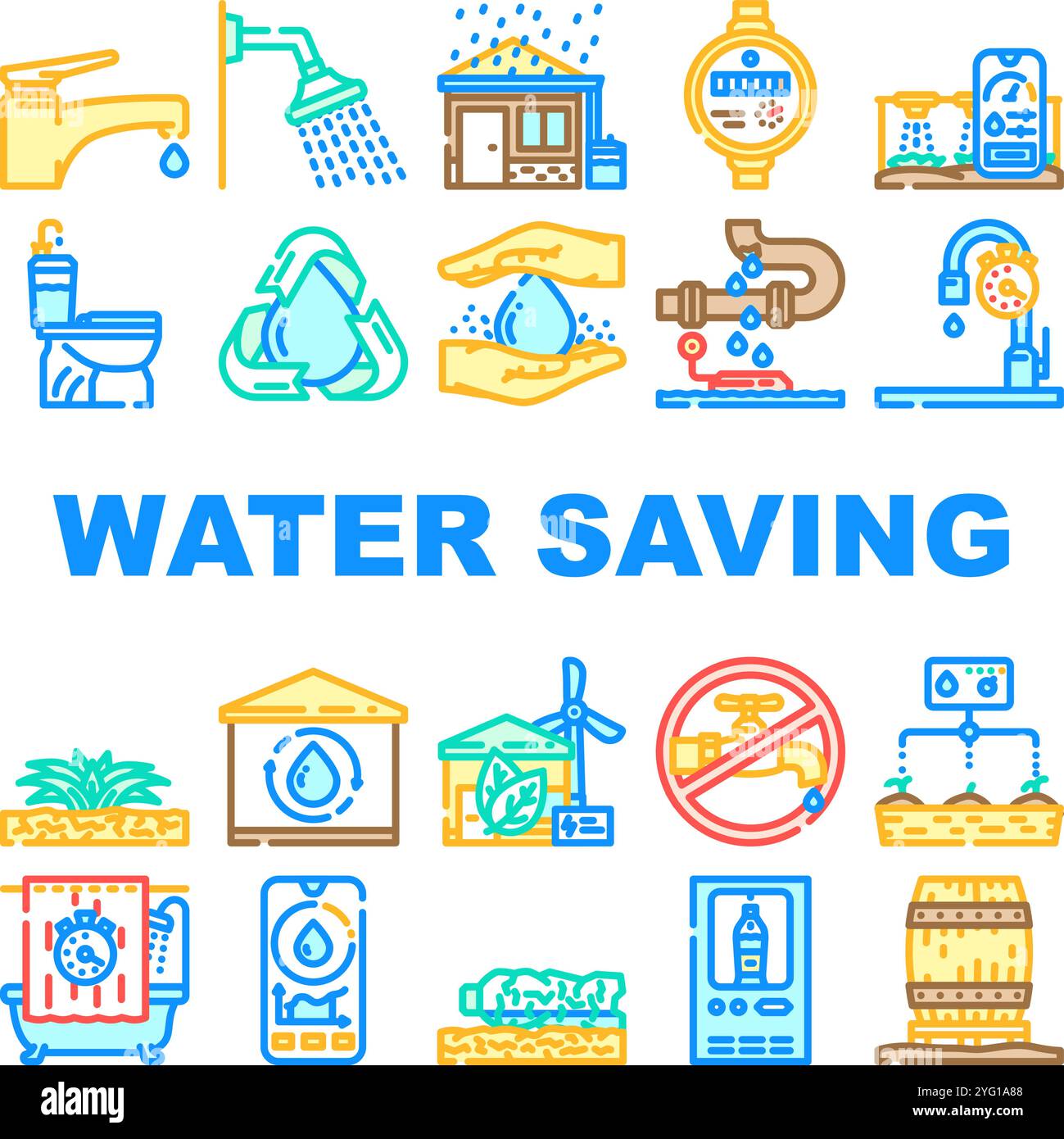 Water saving conservation reuse icons set vector efficiency ...