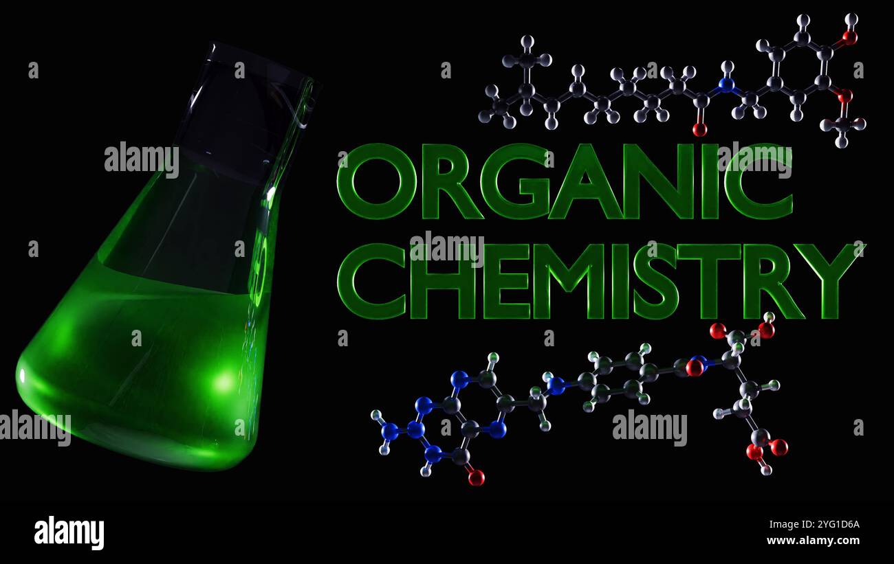 3d rendering of Erlenmeyer flask filled with a green liquid. The text ...