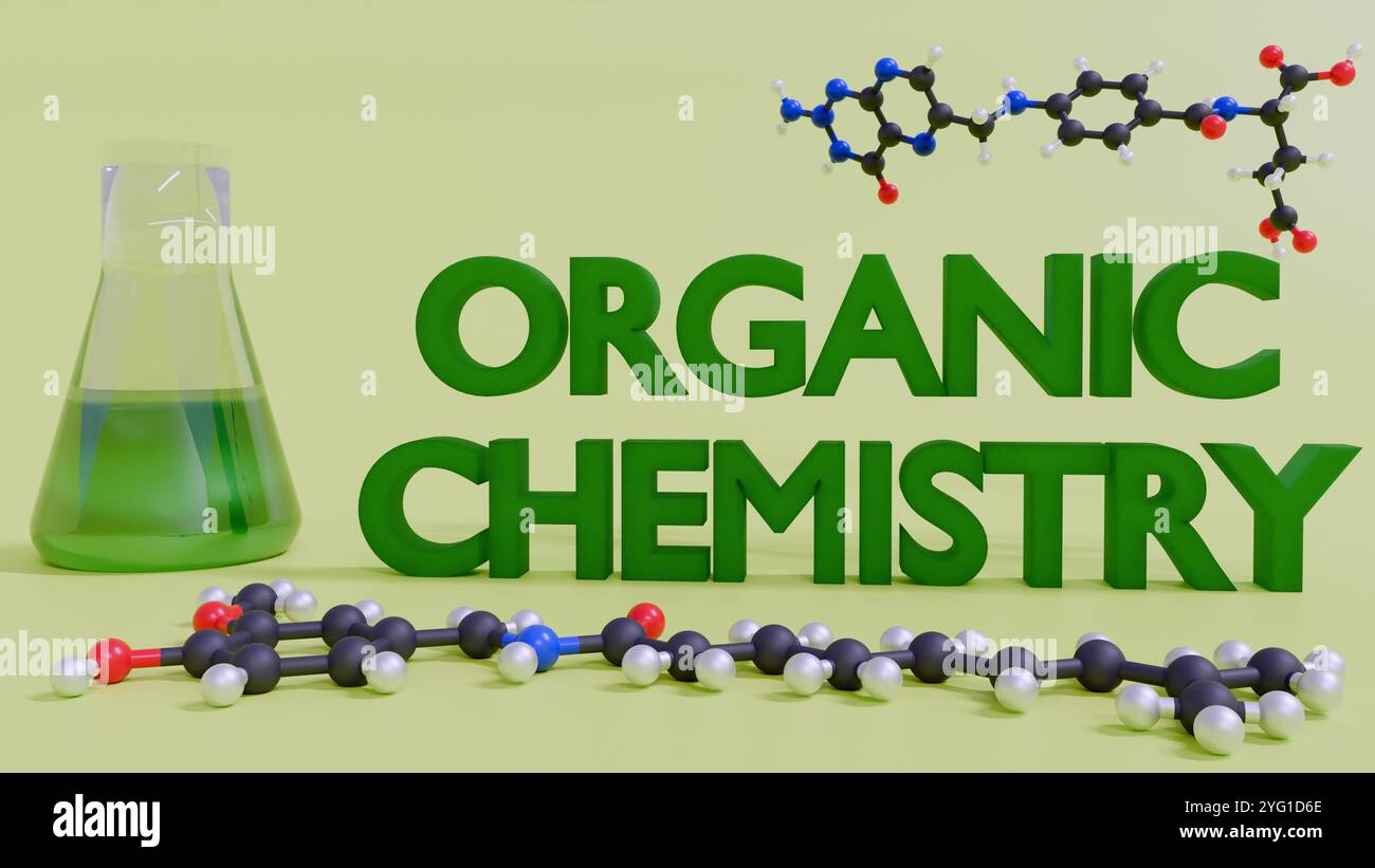 3d rendering of Erlenmeyer flask filled with a green liquid. The text ...