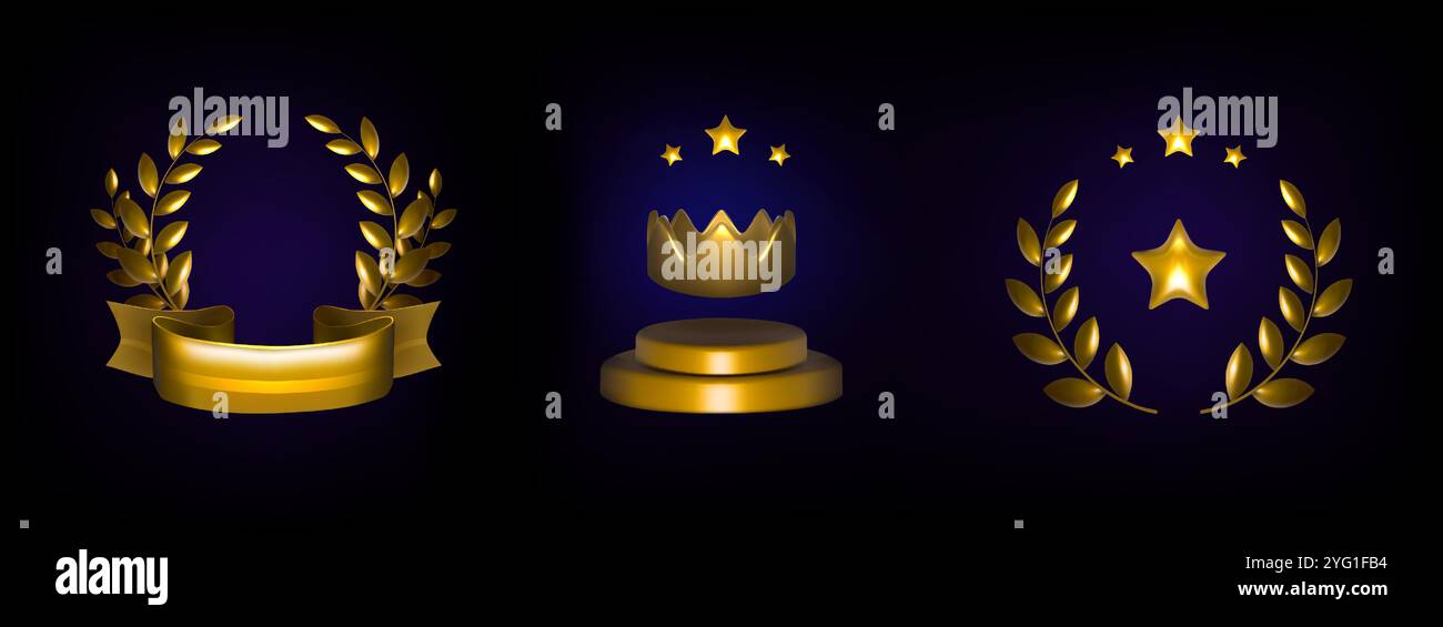 Golden awards set isolated on black background. Vector realistic illustration of laurel wreath ...