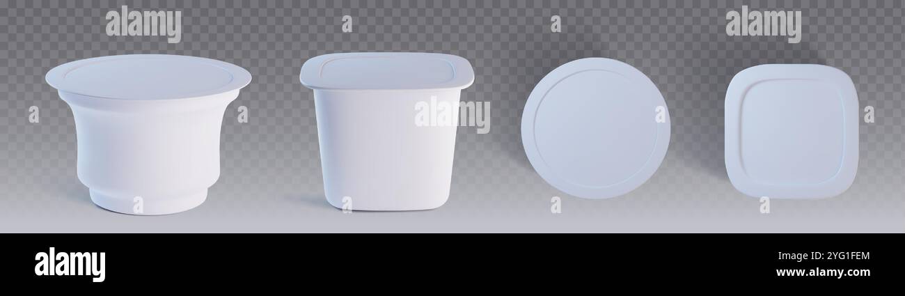 White plastic round and square yogurt package mockup side and top view ...