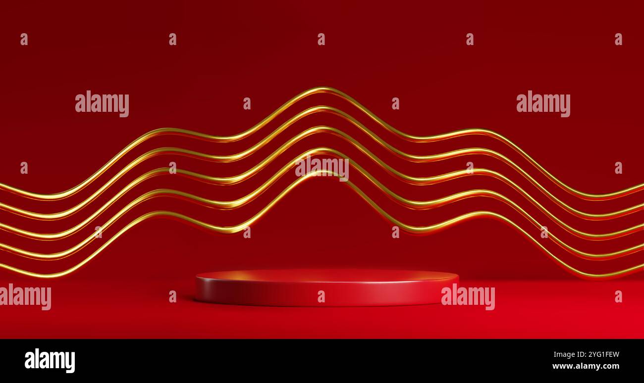 Round podium on red background with abstract golden lines on wall ...
