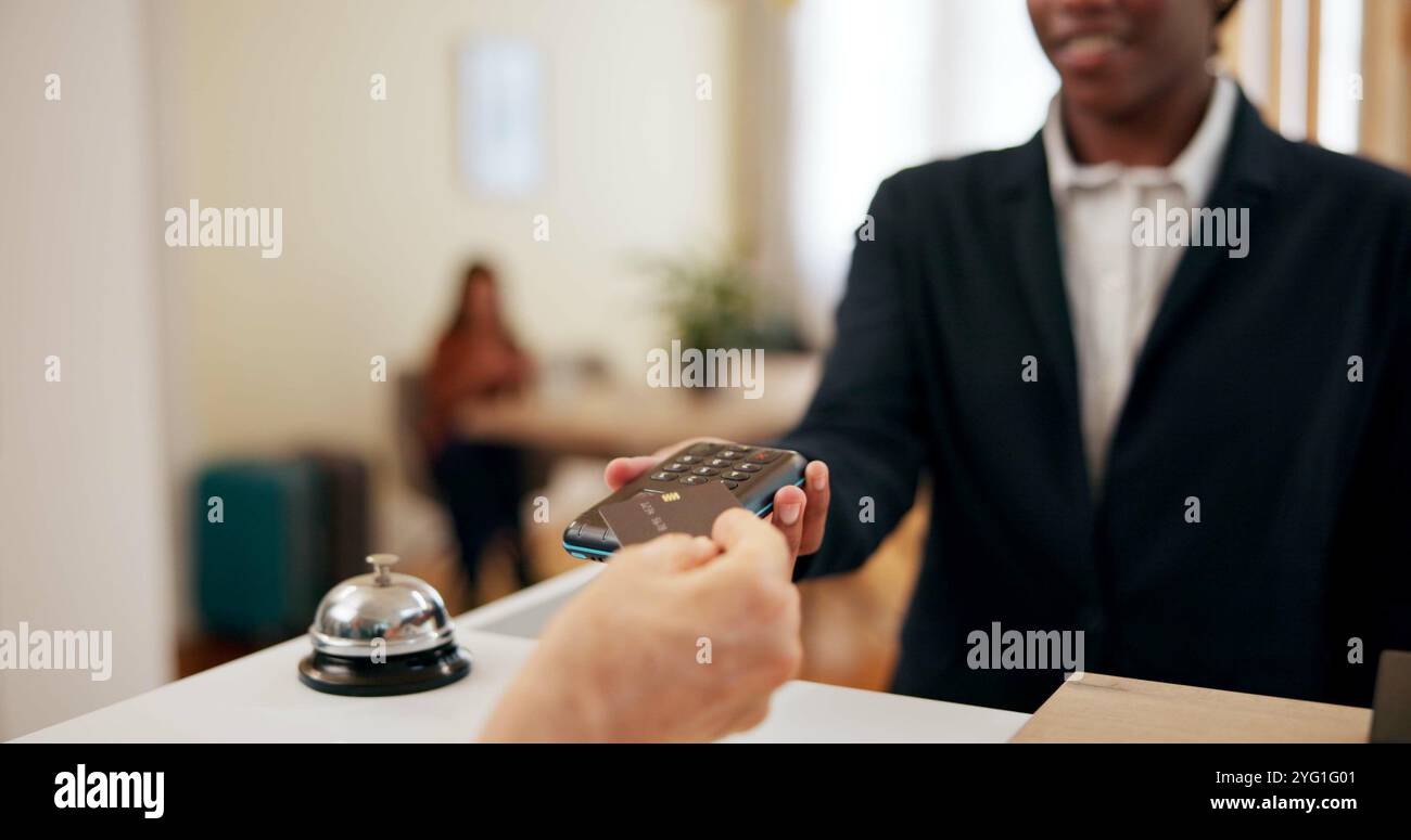 Concierge, hands and hotel reception with payment, credit card and ...
