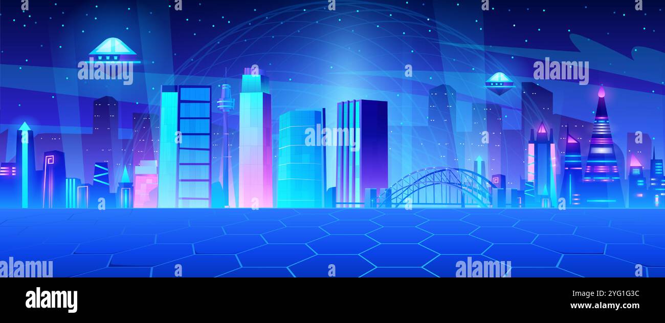 Futuristic city background with wireframe dome. Vector cartoon ...