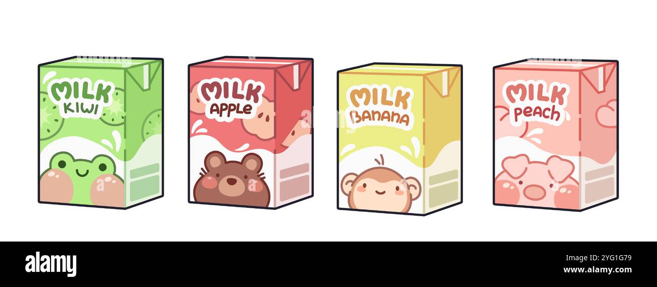 Kawaii style milk drink boxes set isolated on white background ...