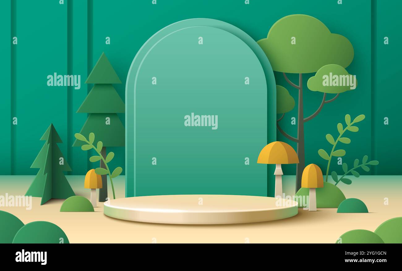 Green paper podium with arch wall eco background. Summer garden banner ...