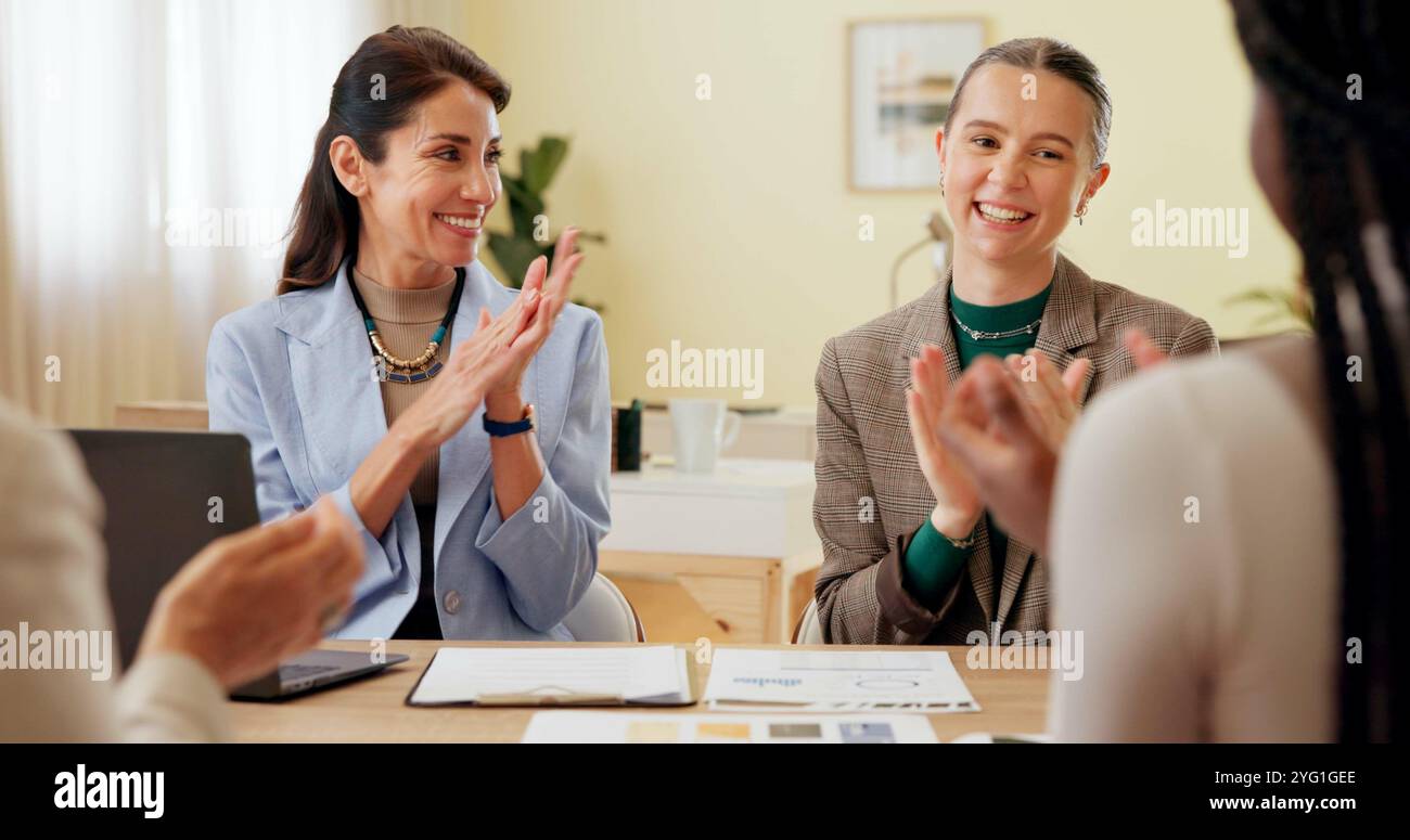 Office, applause and business women in meeting for celebration ...