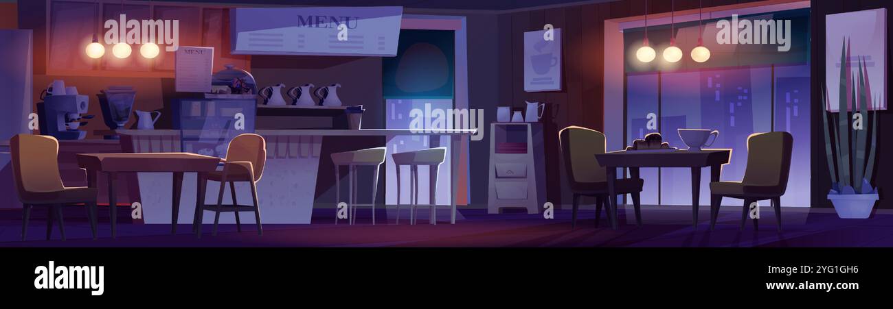 Cozy restaurant interior at night time with pendant light bulb ...