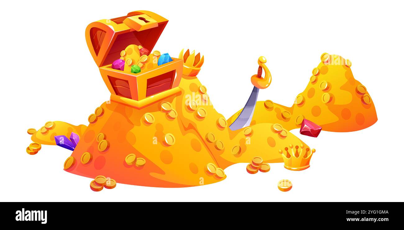Gold coin treasure and chest box for game vector. Golden pirate loot ...