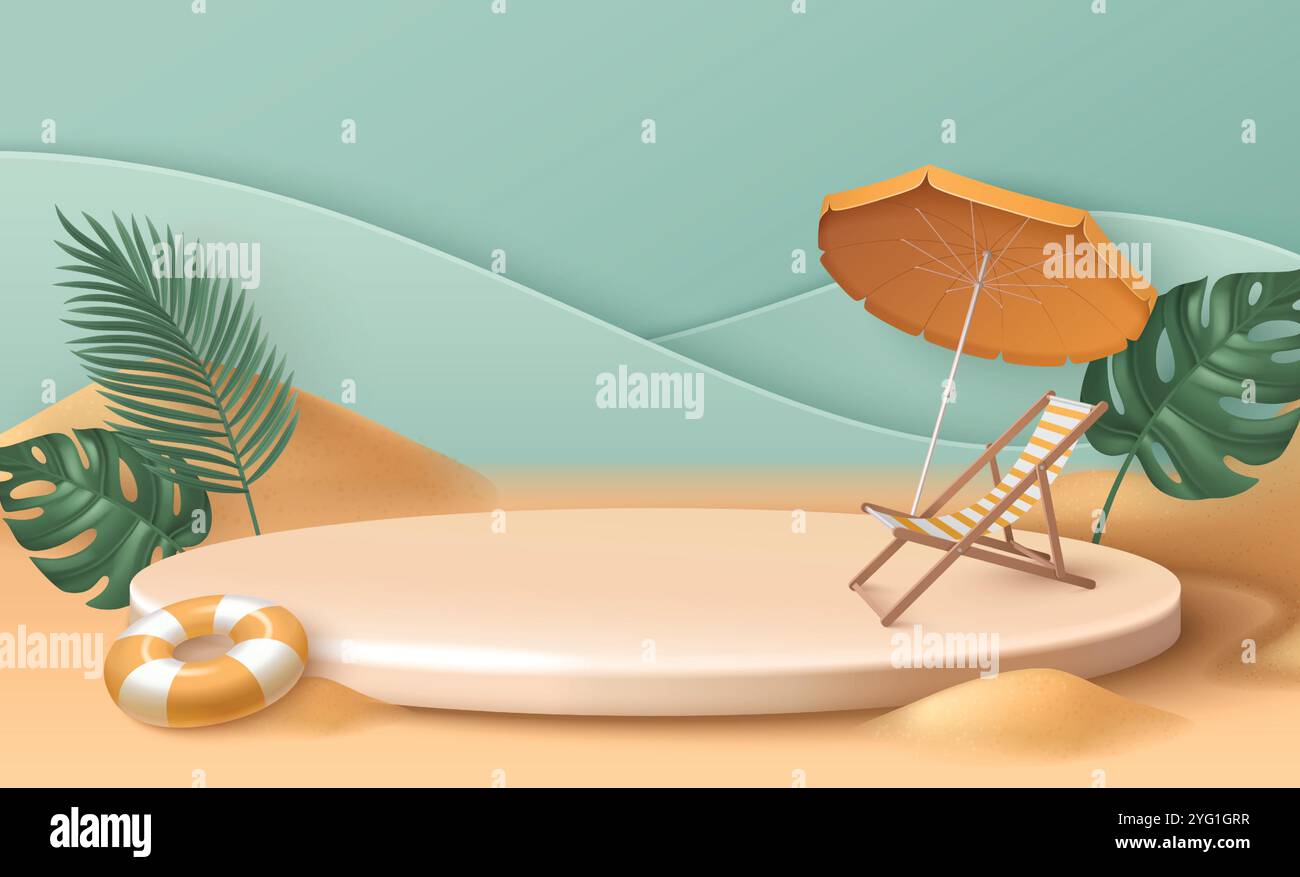 3d summer beach banner with podium and sand vector. Travel product ...