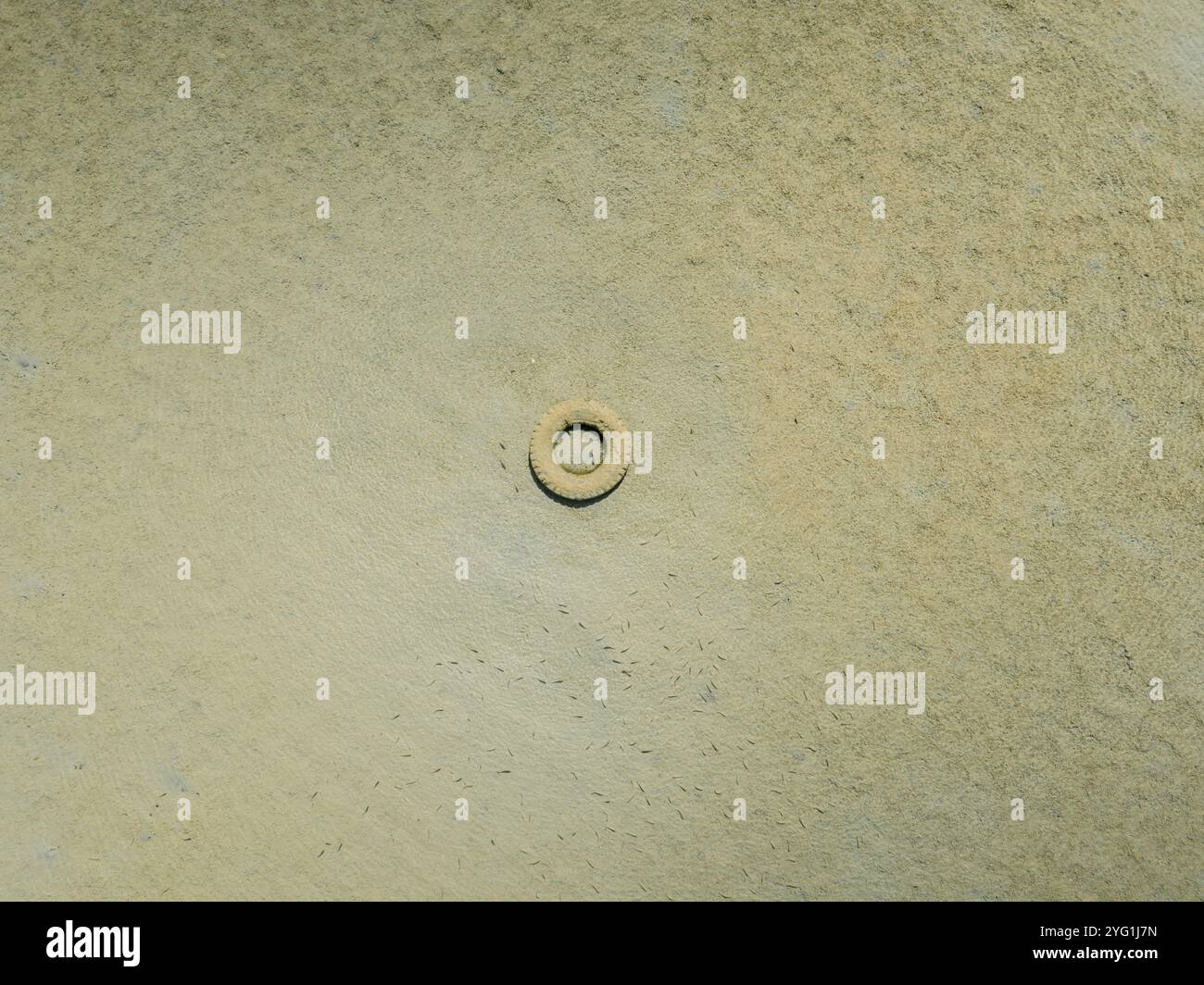 Quiet ocean shore with an abandoned tyre in shallow water. Biofouling ...