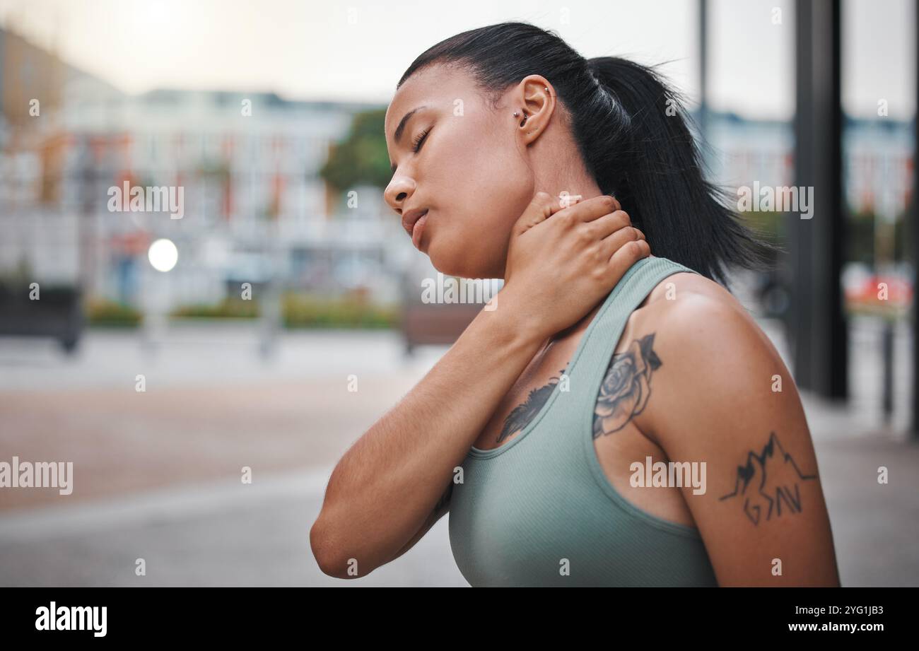 Neck pain, fitness and woman in city for workout with muscle sprain for ...
