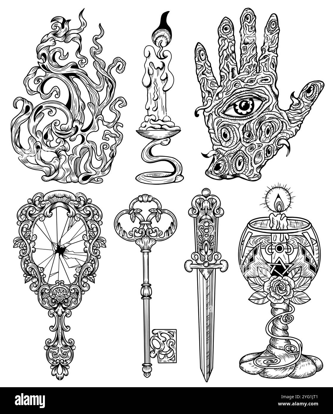 Hand drawn design set with engraved mystic and gothic objects - mirror ...