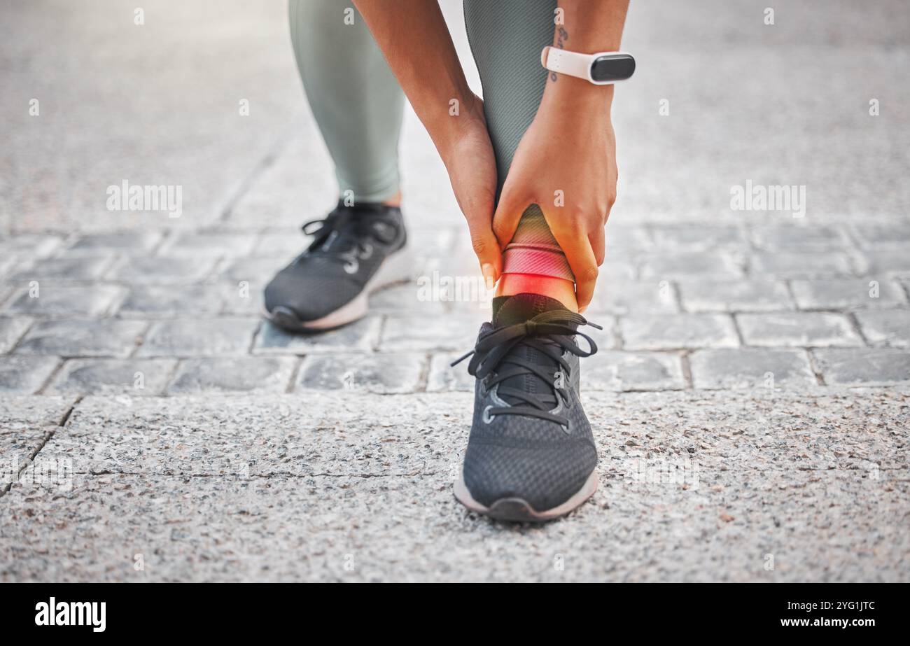 Ankle pain, sports and person with red glow in city for muscle sprain ...