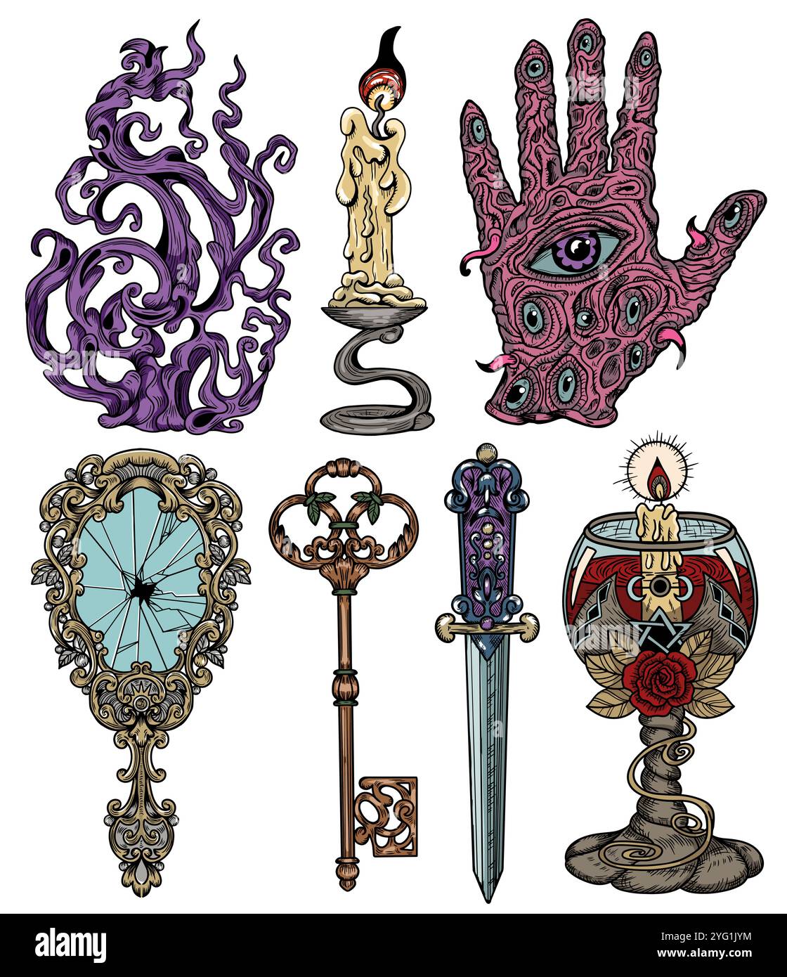 Hand drawn design set with colorful engraved mystic and gothic objects ...