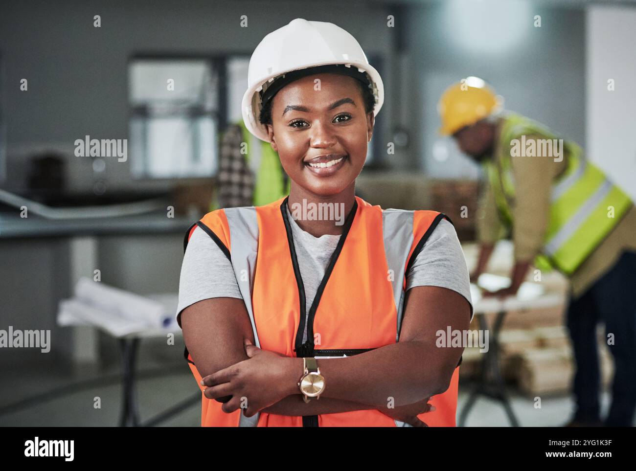 Woman, smile and portrait in construction as engineer, supervisor and ...