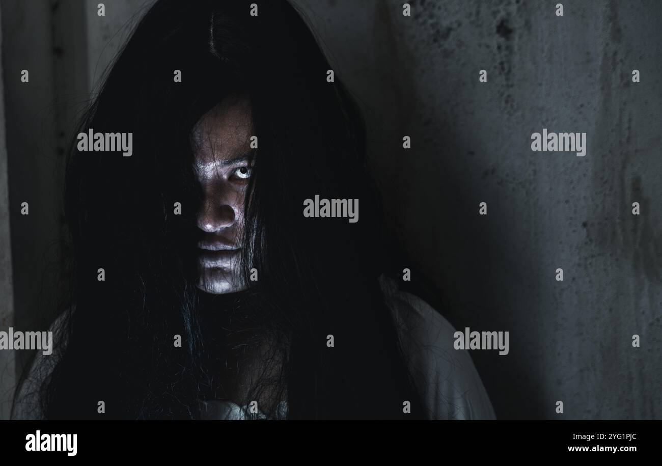 Portrait of Asian ghost or zombie horror creepy scary have hair ...