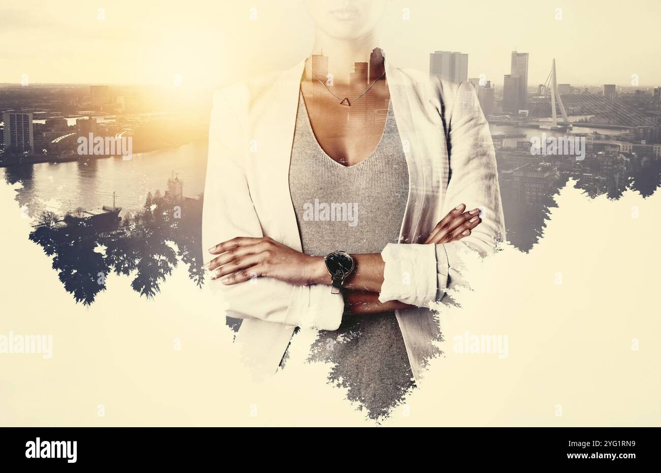 Arms crossed, city and double exposure with business woman on ...