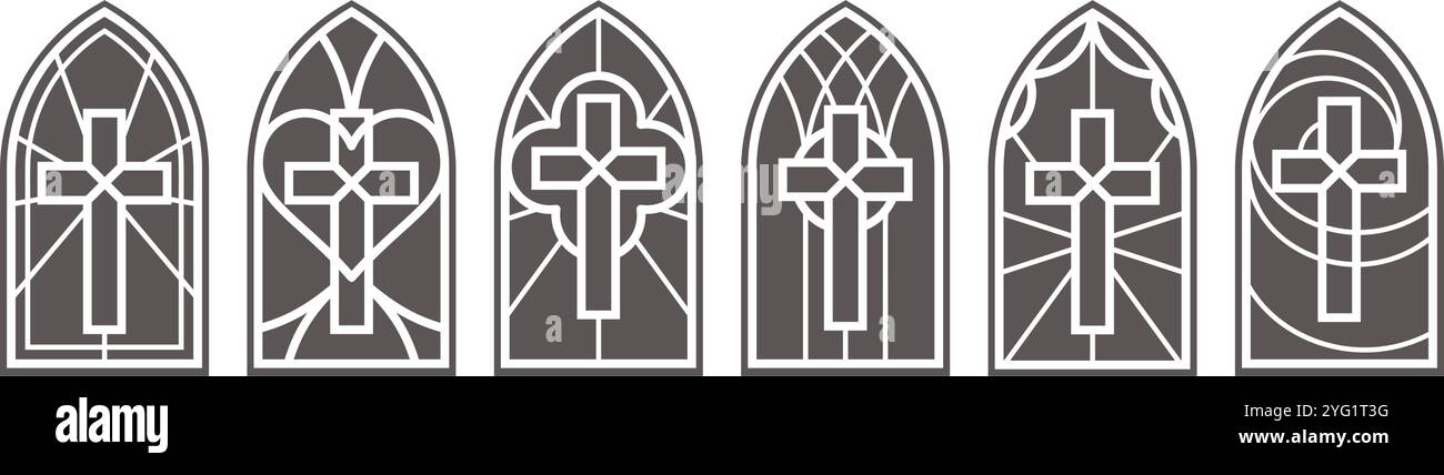 Cathedral church windows with cross. Stained glass gothic catholic arch ...