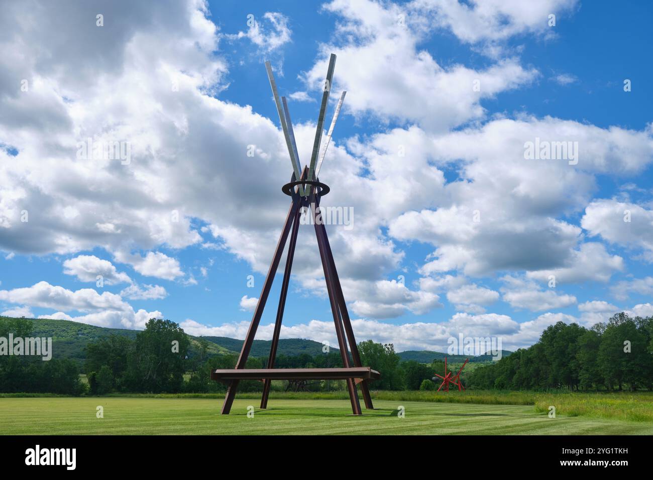 Mark di Suvero's tall, tower, pinnacle sculpture, E=MC2. At Storm King ...