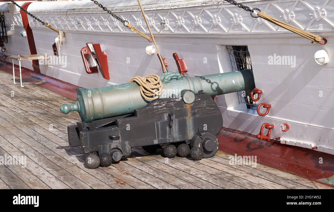 History, ship and cannon on deck for travel, sightseeing and landmark ...