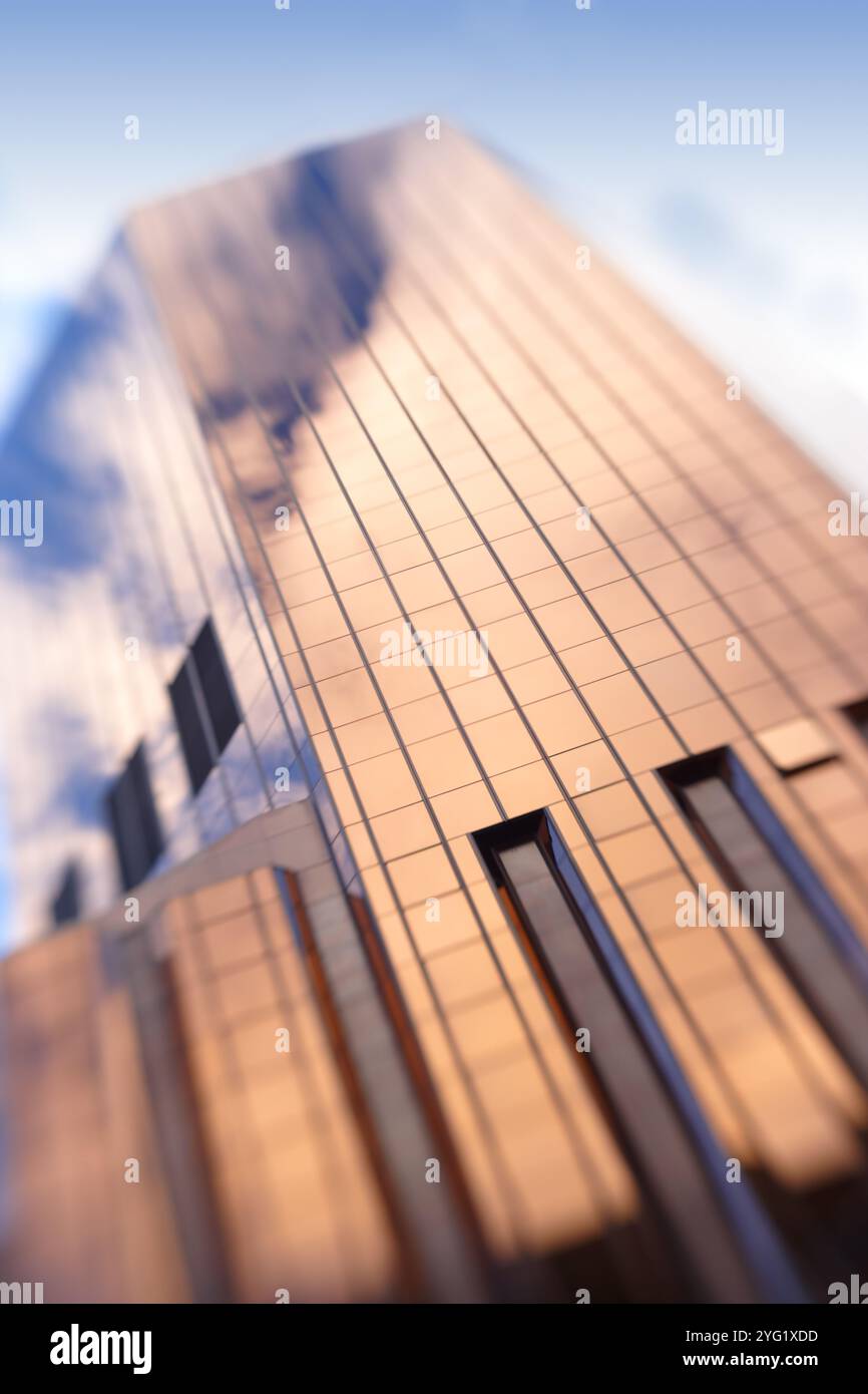 Skyscraper, city and low angle in future, outdoor and sky with ...