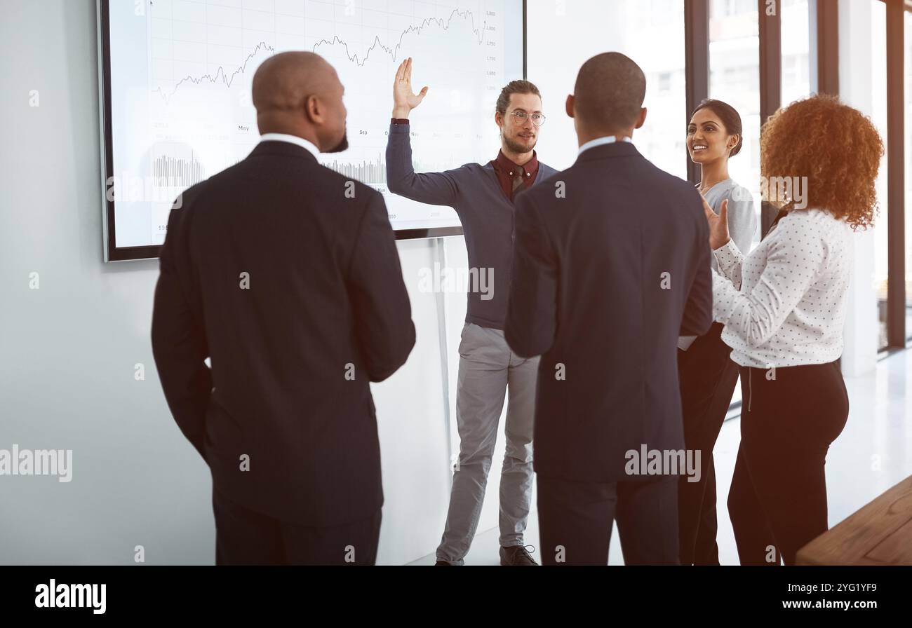 Business people, chart or screen with meeting for discussion, analytics ...