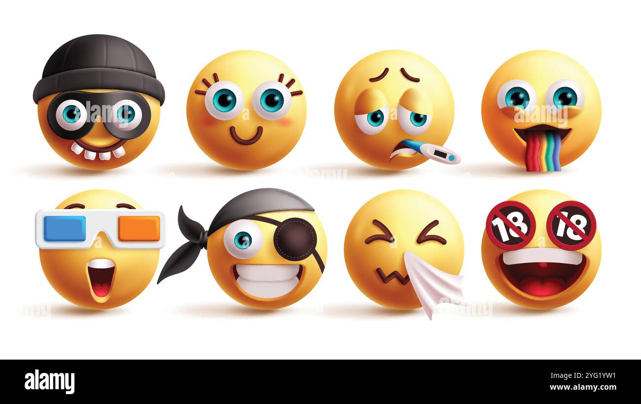 Emoji emoticon character vector set. Emojis 3d character with criminal ...