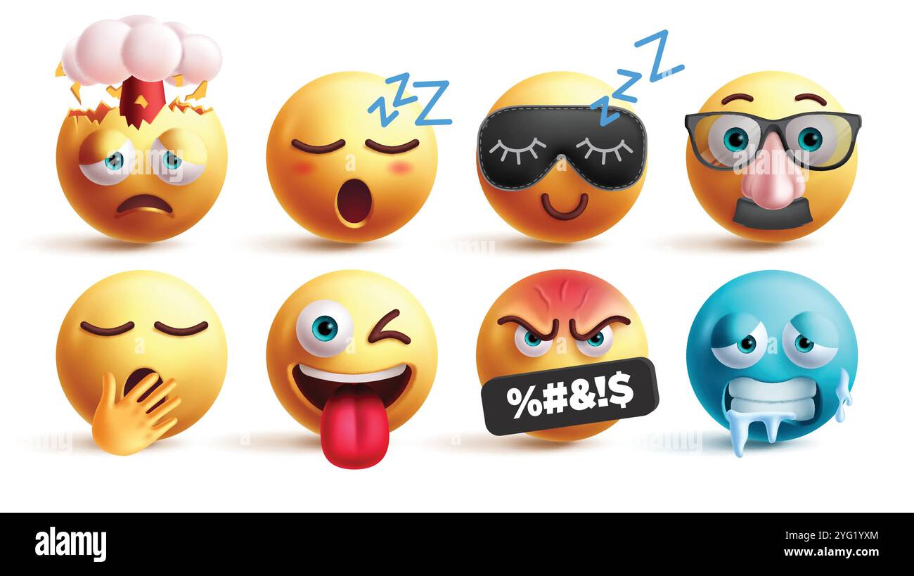 Emoji emoticon characters vector set. Emojis explode, tired, sleepy, old man, yawning, naughty ...
