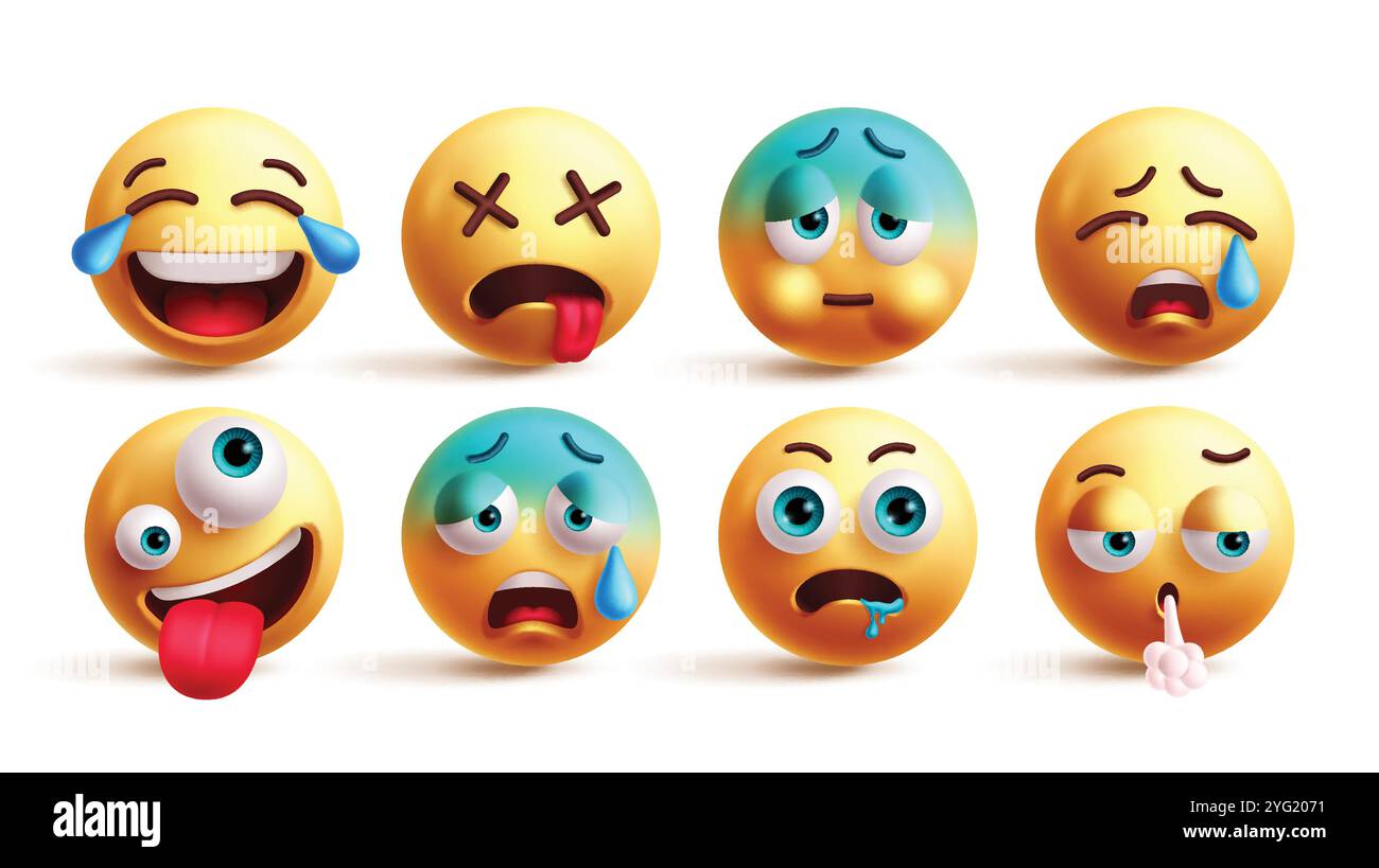 Emoji emoticon characters vector set. Emojis happy, tired, cold, crying, naughty, unwell, hungry ...