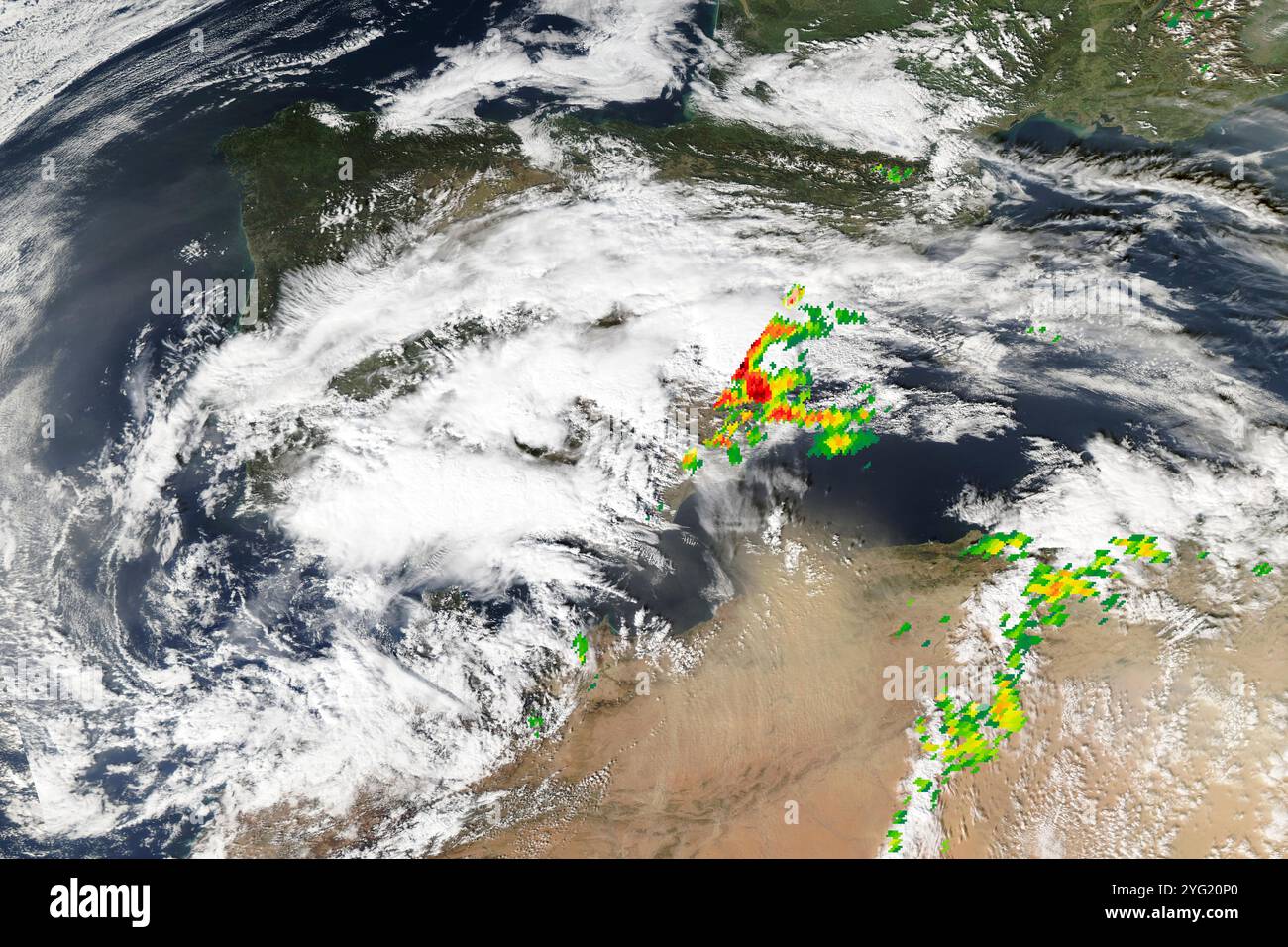 Cold drop storm over Spain, October 2024, satellite image Stock Photo ...