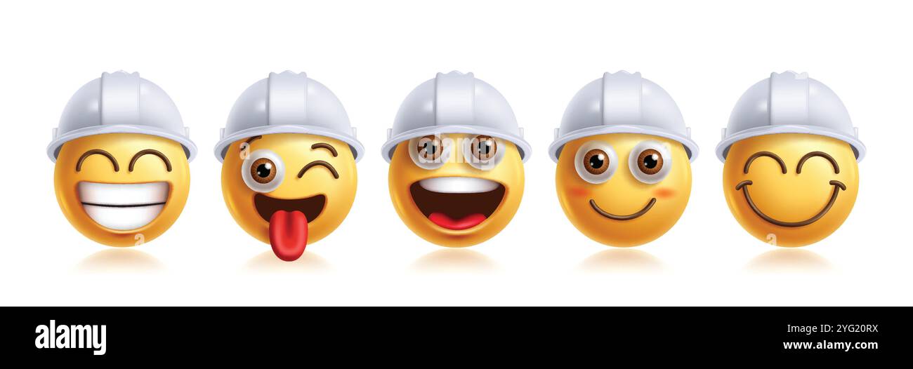 Emoji engineer emoticon characters vector set. Emojis 3d contractor ...