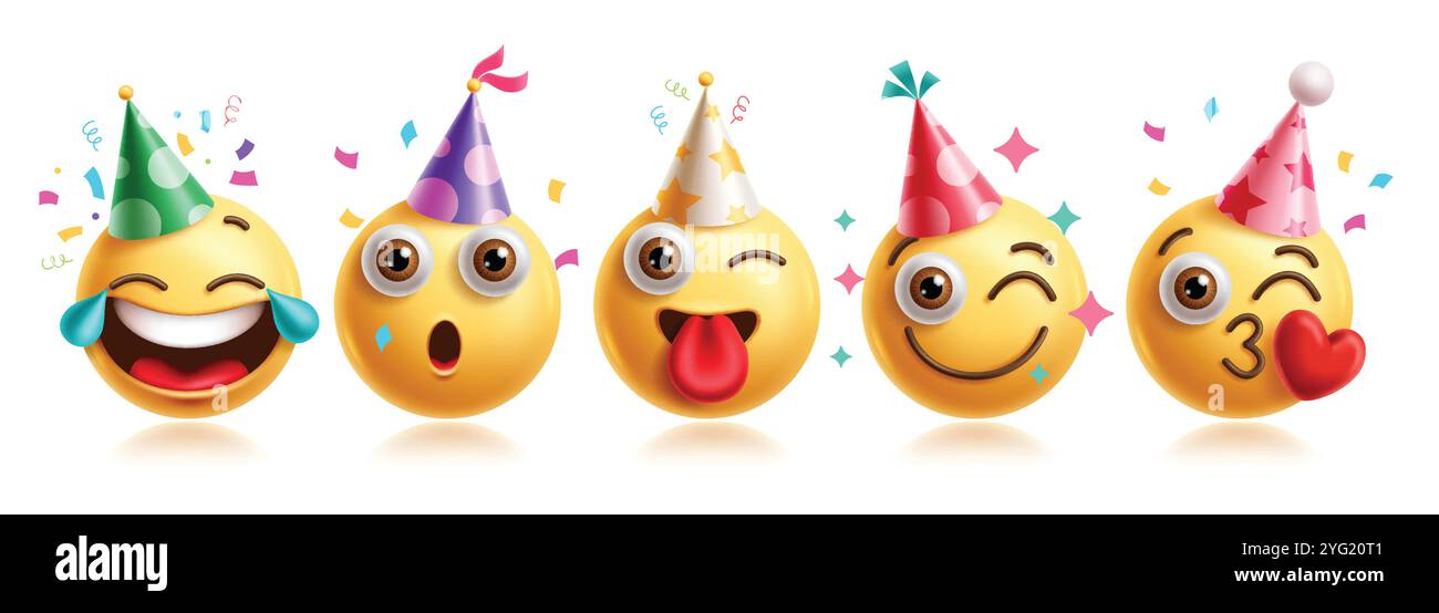 Emojis birthday emoticon characters vector set. Emoticons birthday ...