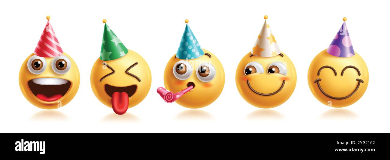 Emojis birthday characters emoticon vector set. Emoticons birthday ...