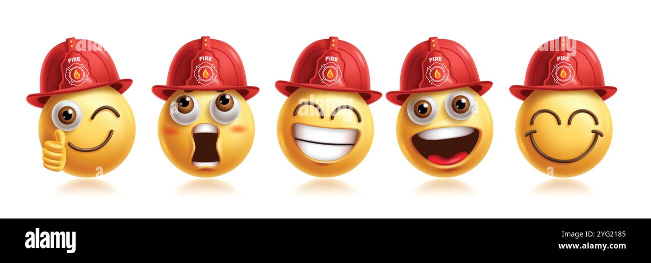 Emoji fireman emoticon characters vector set. Emojis 3d firefighter ...