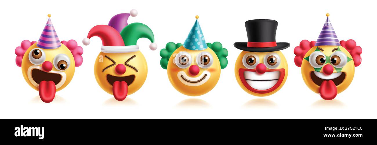 Emojis clowns birthday characters vector set. Emoticons clowns ...