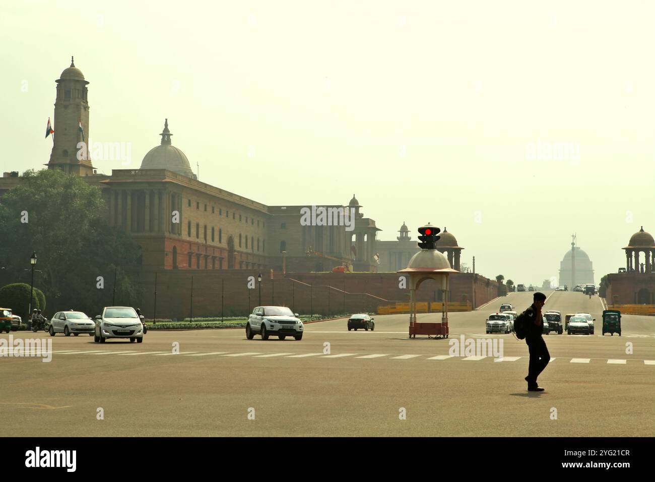 Traffic on Rajpath boulevard, in a background of India's secretariat ...