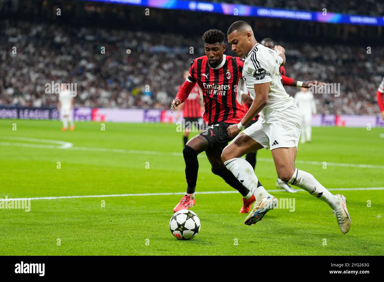 Kylian Mbappe of Real Madrid and Emerson Royal of AC Milan during the ...