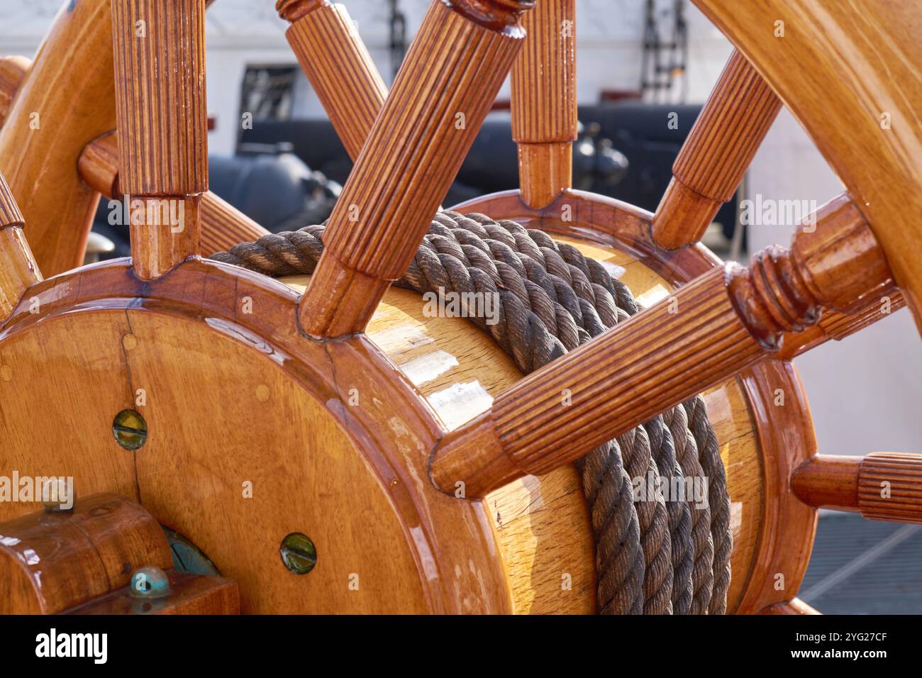 Wood, old boat and steering wheel for sailing, travel and navigation or ...