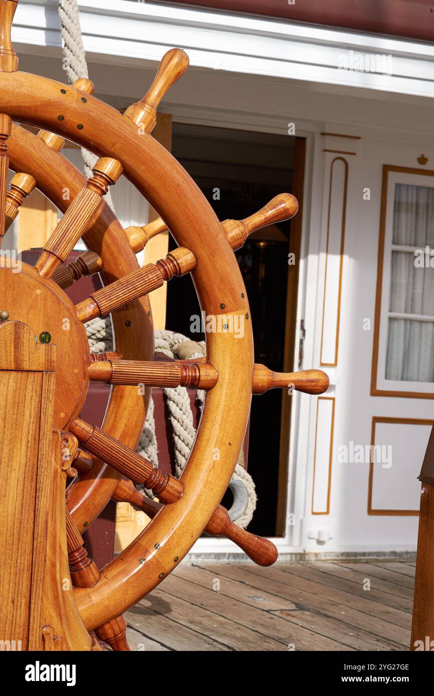 Wood, boat and vintage steering wheel for sailing, travel and ...