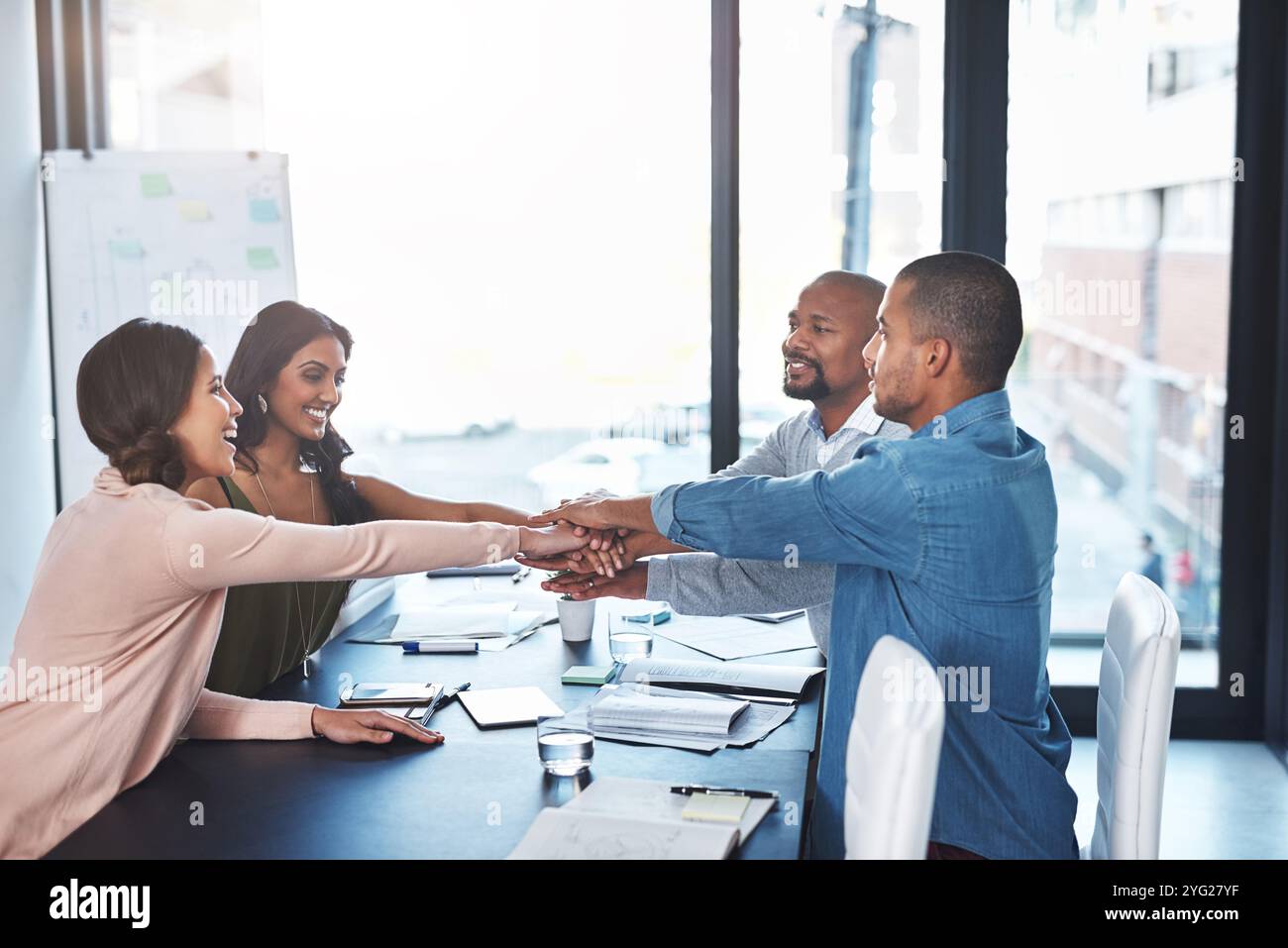 Business, people and happy with huddle at office for teamwork ...