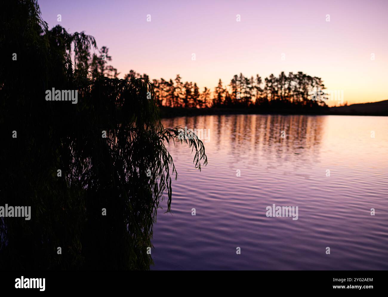 Sunset sky, lake or landscape in nature for wallpaper, calm environment ...