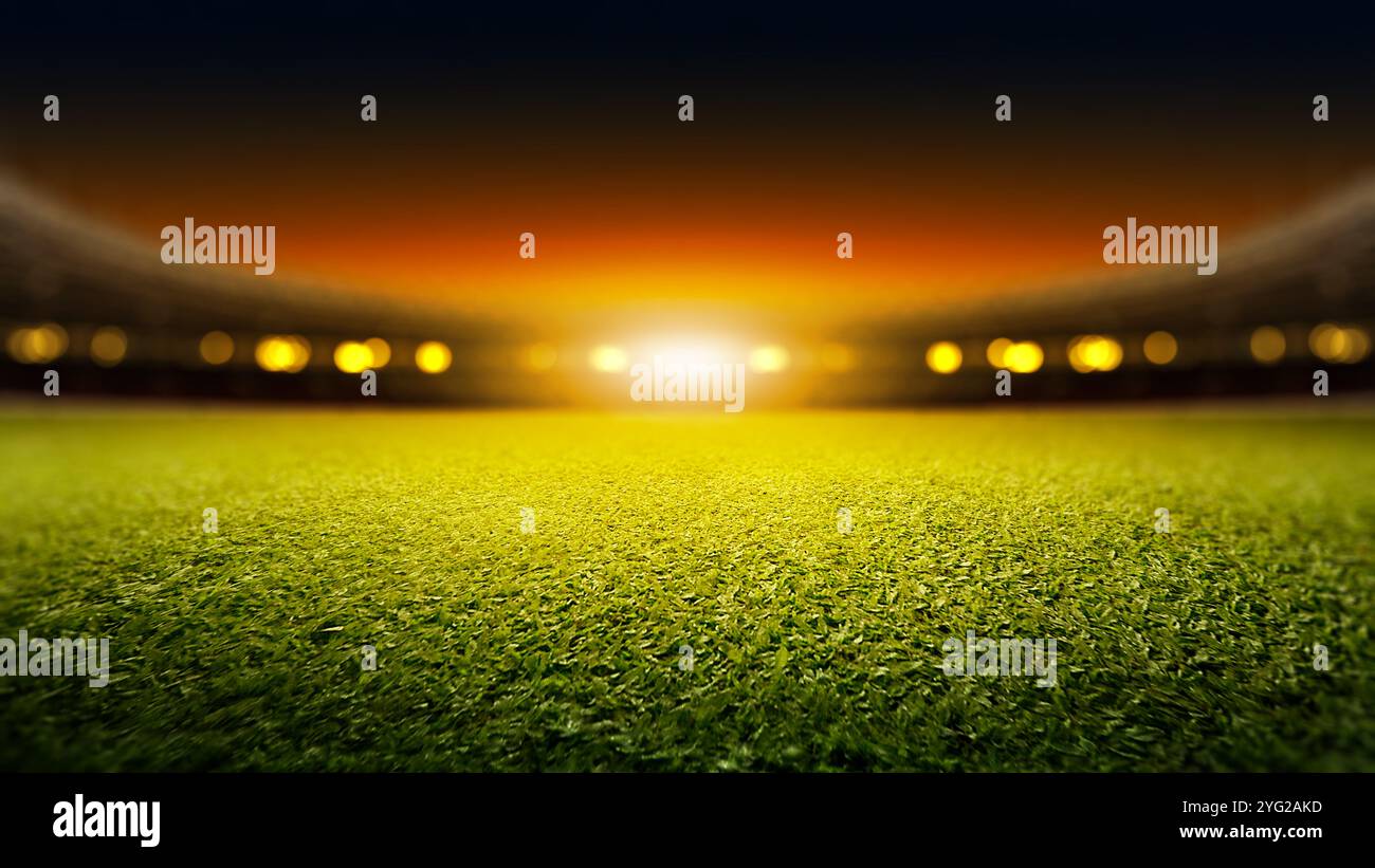Empty football stadium with green field and spotlights. The field is ...