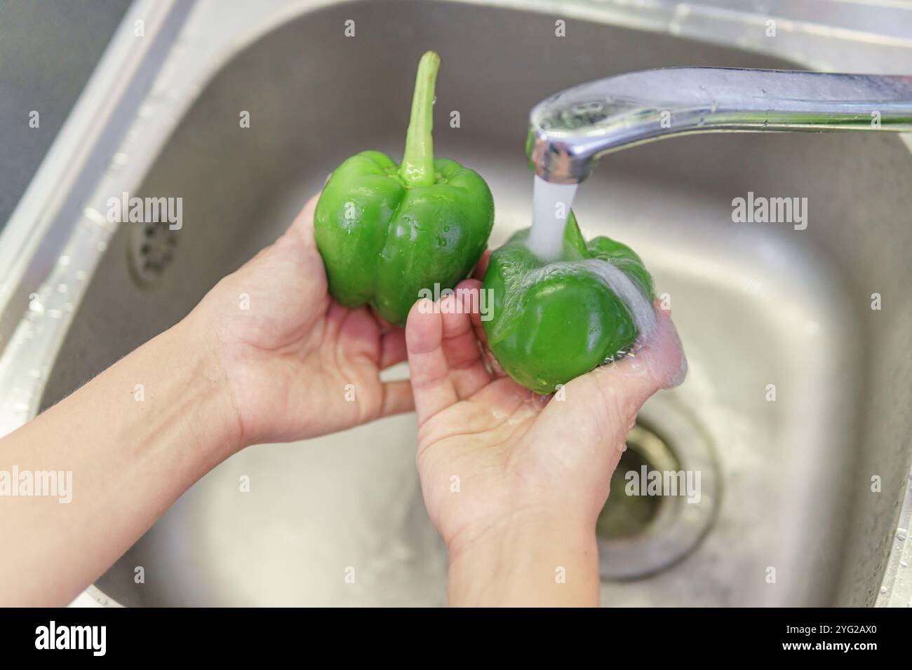 Woman hands washing fresh green bell pepper in kitchen Stock Photo - Alamy