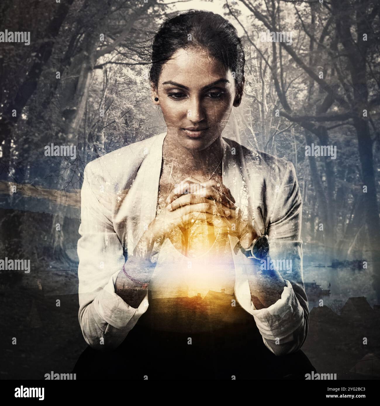 Double exposure, thinking and forest with business woman for sustainability, ngo company and ...