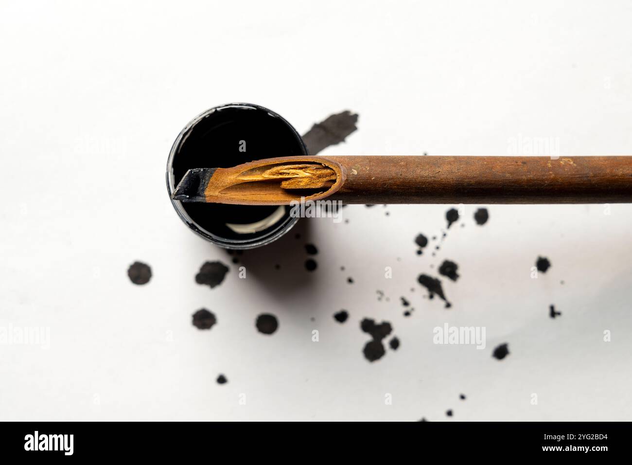 Calligraphy reeds covered ink with inkwell on white paper. Reeds pen ...