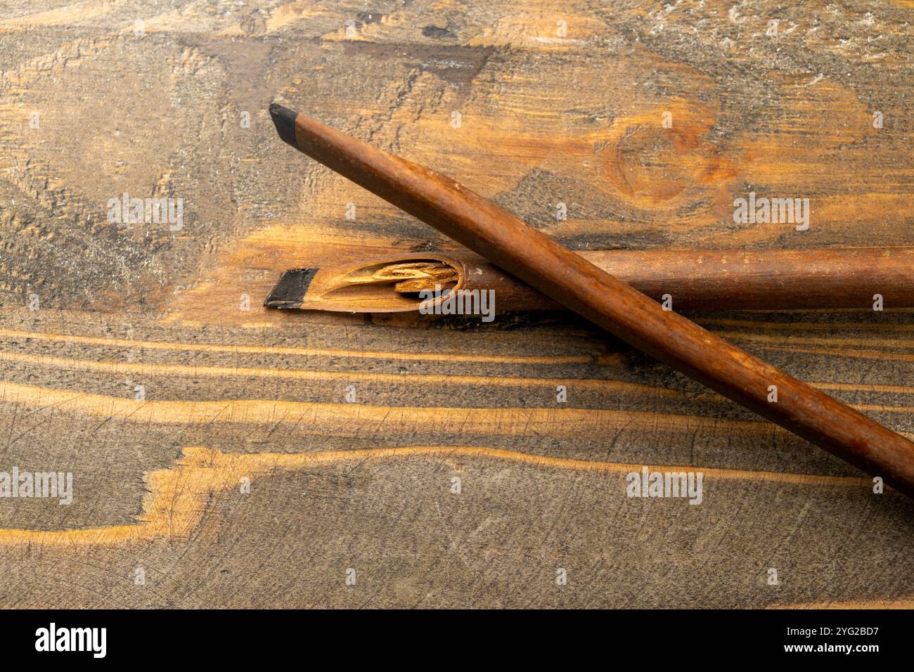 Calligraphy reeds covered ink on wooden background. Reeds pen ink for ...