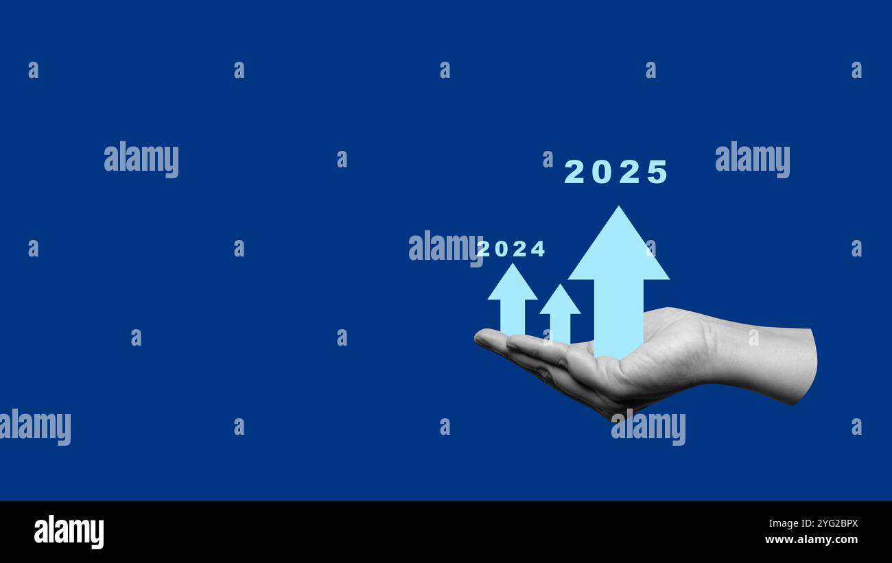 Business hand showing increase arrow graph of number 2025 on his palm ...